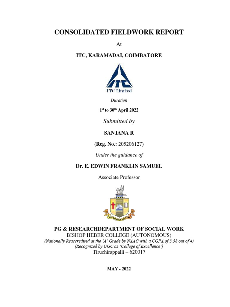 Consolidated Fieldwork Report: Itc, Karamadai, Coimbatore | PDF | Wash | Corporate Social ...