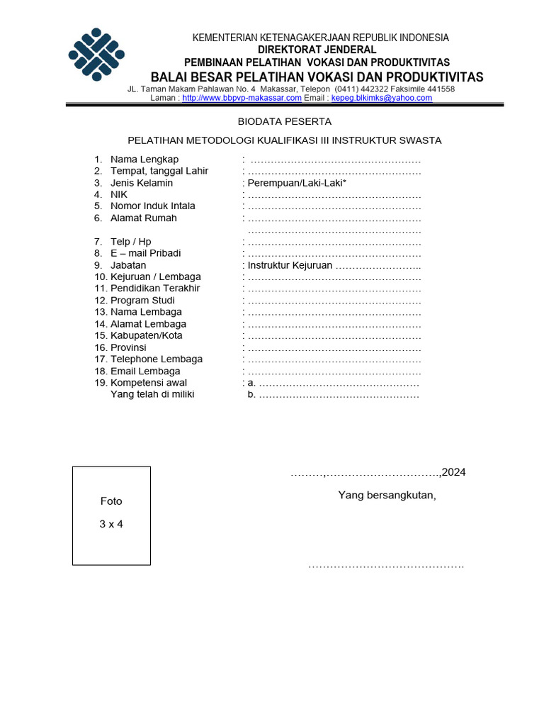Form Biodata Peserta Pelatihan Metodologi Kualifikasi III Instruktur Swasta | PDF