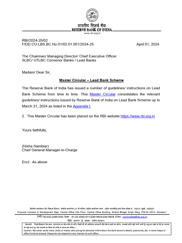 Master Circular on Lead Bank Scheme 2024 | PDF | Reserve Bank Of India ...