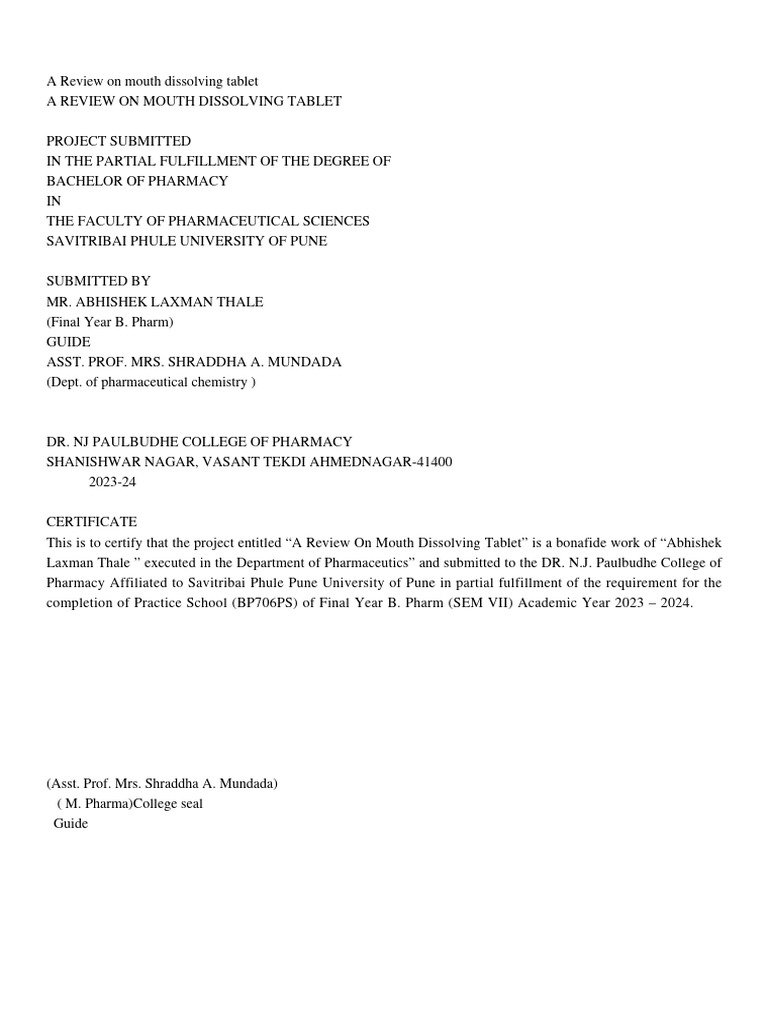 REVIEW ON MOUTH DISSOLVING TABLETS by abhi thale-1_pdf | PDF | Tablet (Pharmacy ...