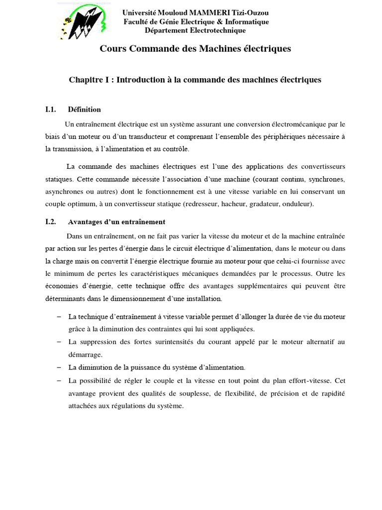 Commande des Machines Électriques : Introduction et Modes de Fonctionnement | PDF ...