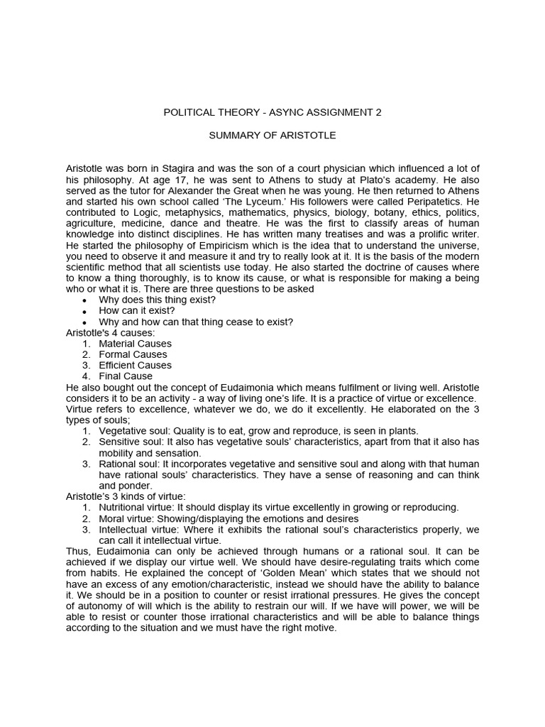 SUMMARY OF ARISTOTLE | PDF | Aristotle | Virtue