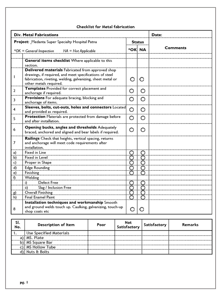 Metal Fabrication Checklist for Inspection | PDF | Technology & Engineering