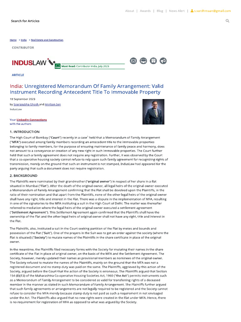 Unregistered Memorandum of Family Arrangement Valid Instrument | PDF