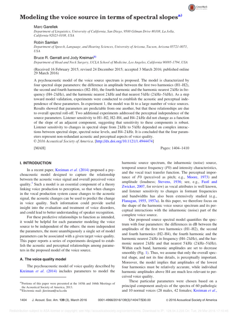 Modeling the Voice Source in Terms of Spectral Slopes | PDF | Spectral Density | Perception