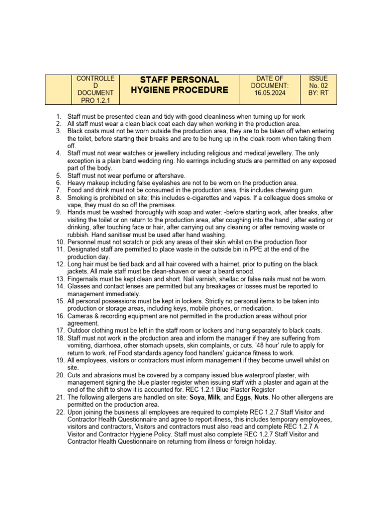 Staff Personal Hygiene Procedure Guide | PDF | Hygiene
