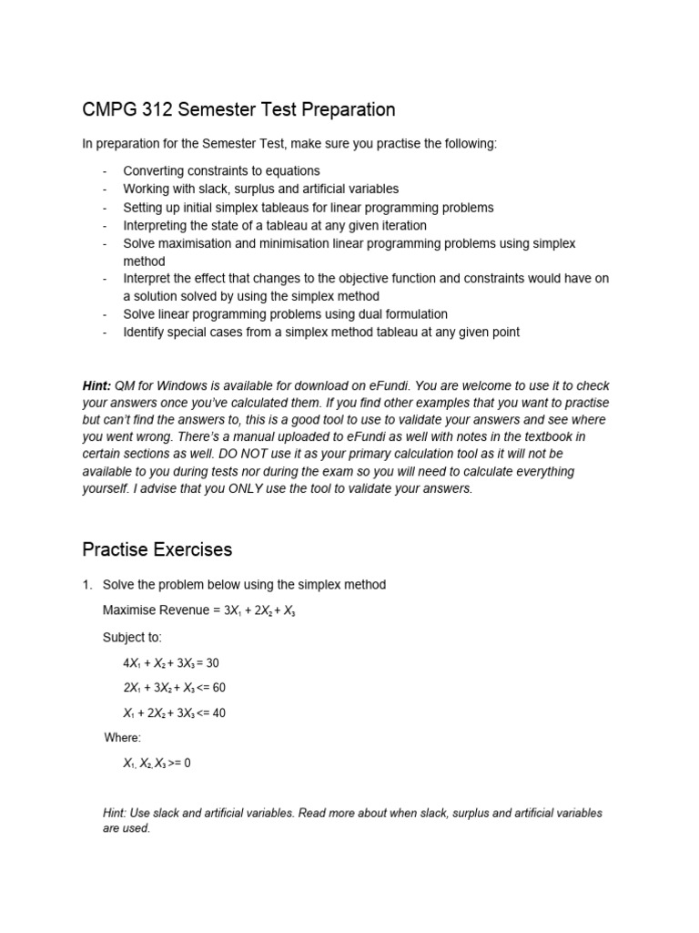 CMPG 312 Test Prep: Simplex Method Guide | PDF | Linear Programming ...