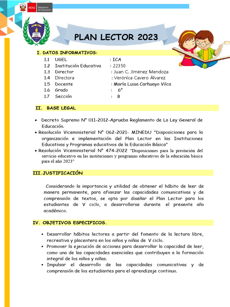 V Ciclo-Plan Lector-2023-5b | PDF | Maestros | Educación primaria