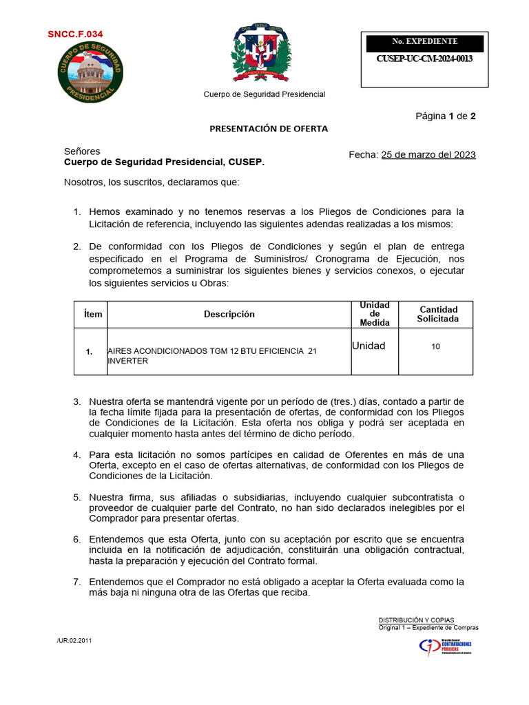 SNCC F 034 - Formulario de Presentación de Oferta | PDF