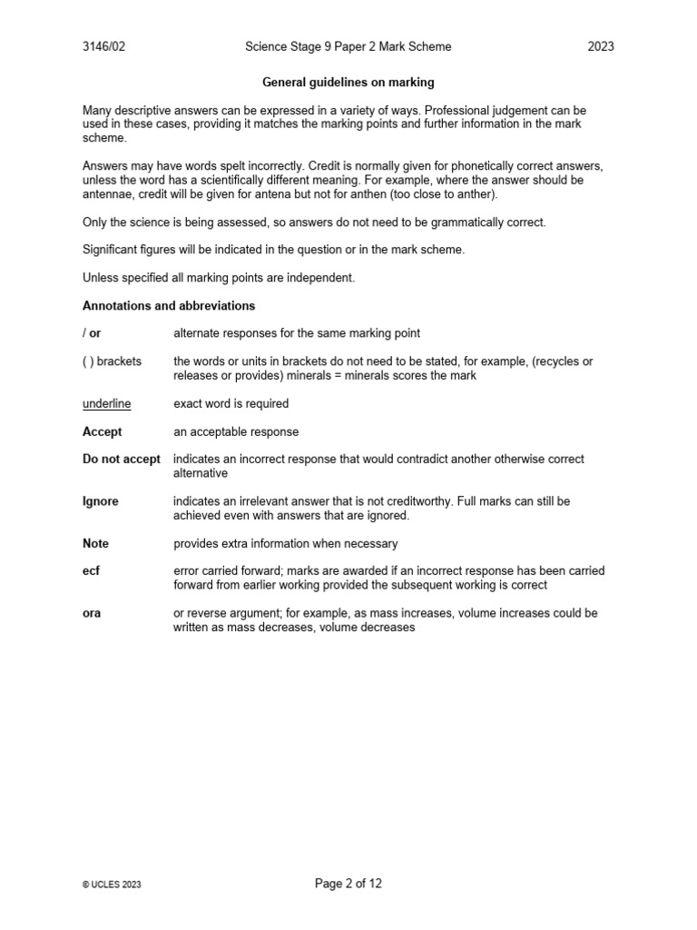 Science Revision Stage 9 2023 Test Paper 2 Marking Scheme | PDF | Water ...