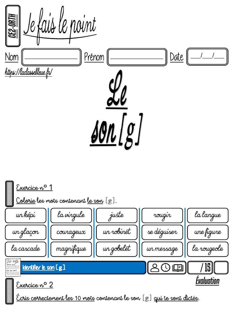 Exercices sur le son [g] en CE2 | PDF