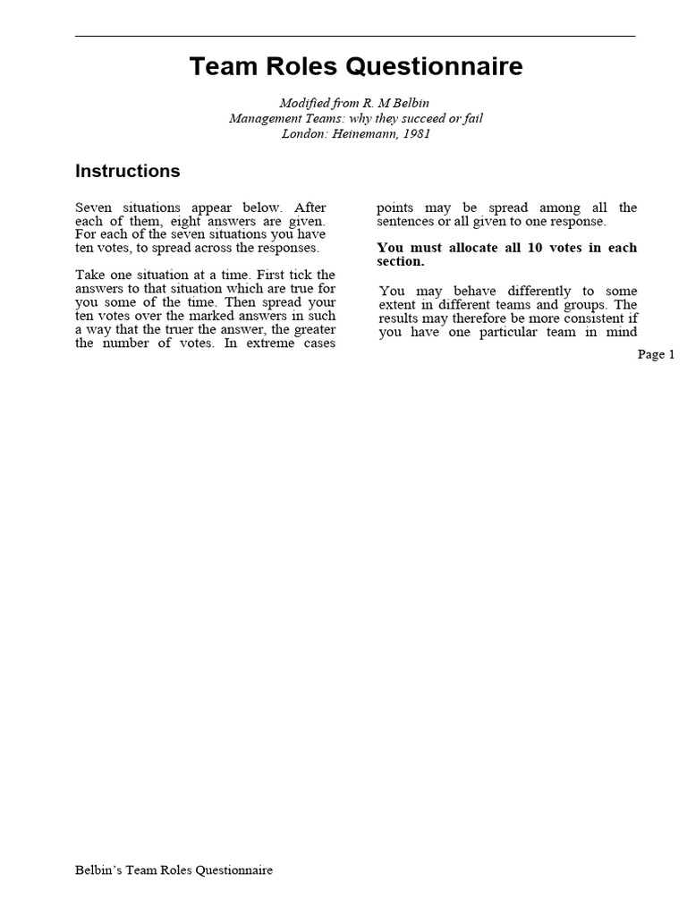 Team Roles Questionnaire-Student | Download Free PDF | Psychological ...