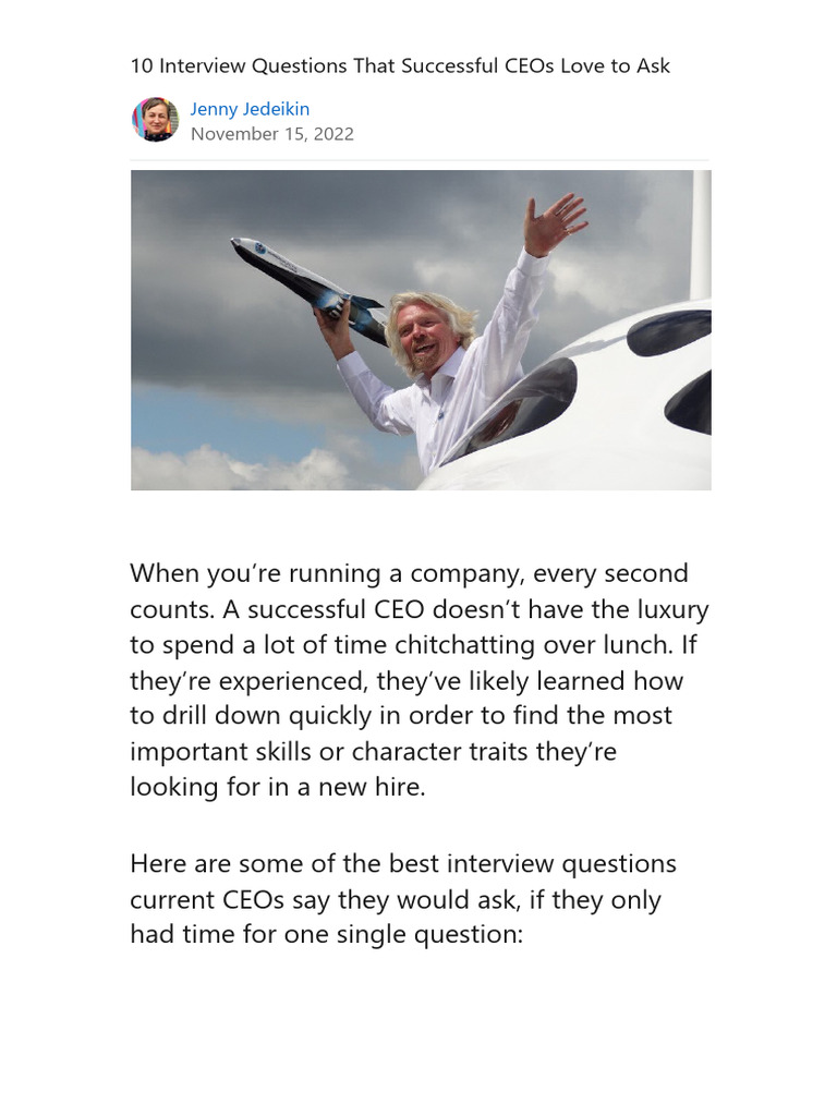 10 Interview Questions That CEOs Love To Ask - LinkedIn | PDF