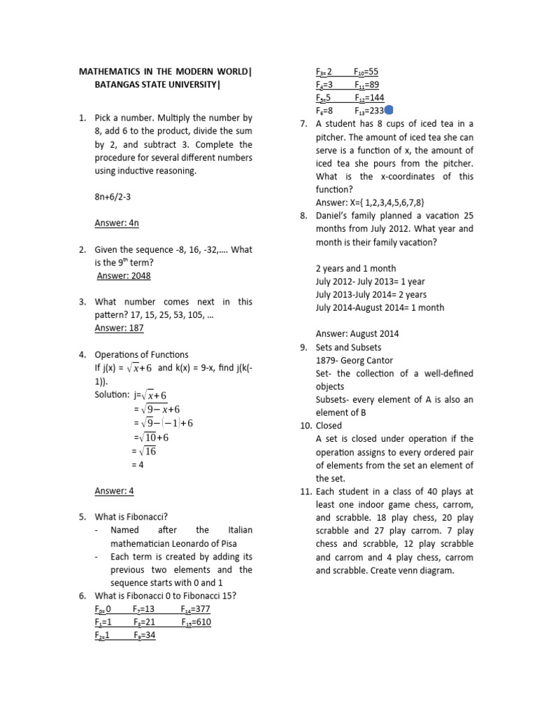 Mathematics in the Modern World Sample Activities with answer and notes ...