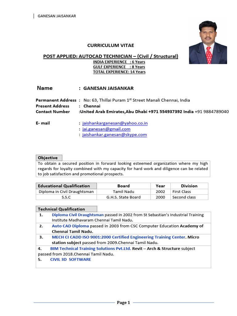 AutoCAD Technician CV - Ganesan Jaisankar | PDF | Technical Drawing