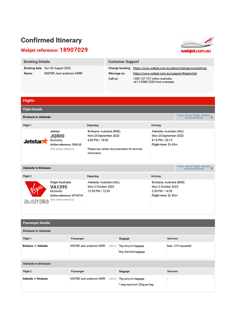 Webjet Booking Confirmation - Booking 18907029 From Brisbane To ...