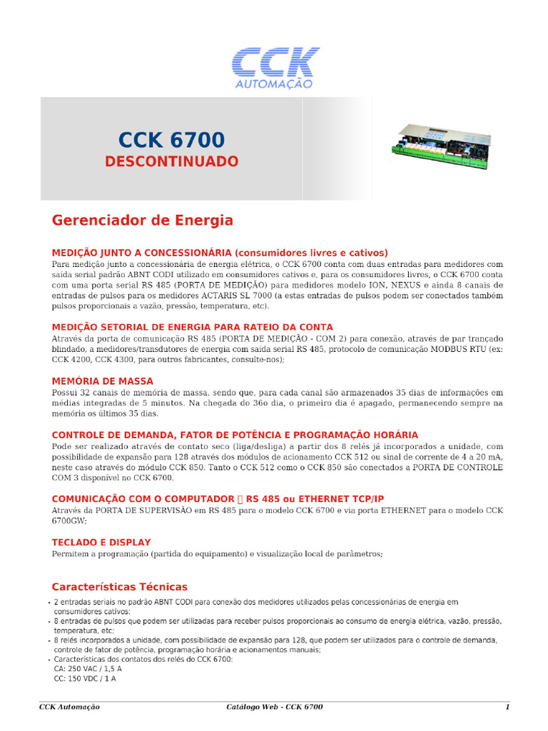 CCK - CCK 6700 - Gerenciador de Energia (Descontinuado) | PDF