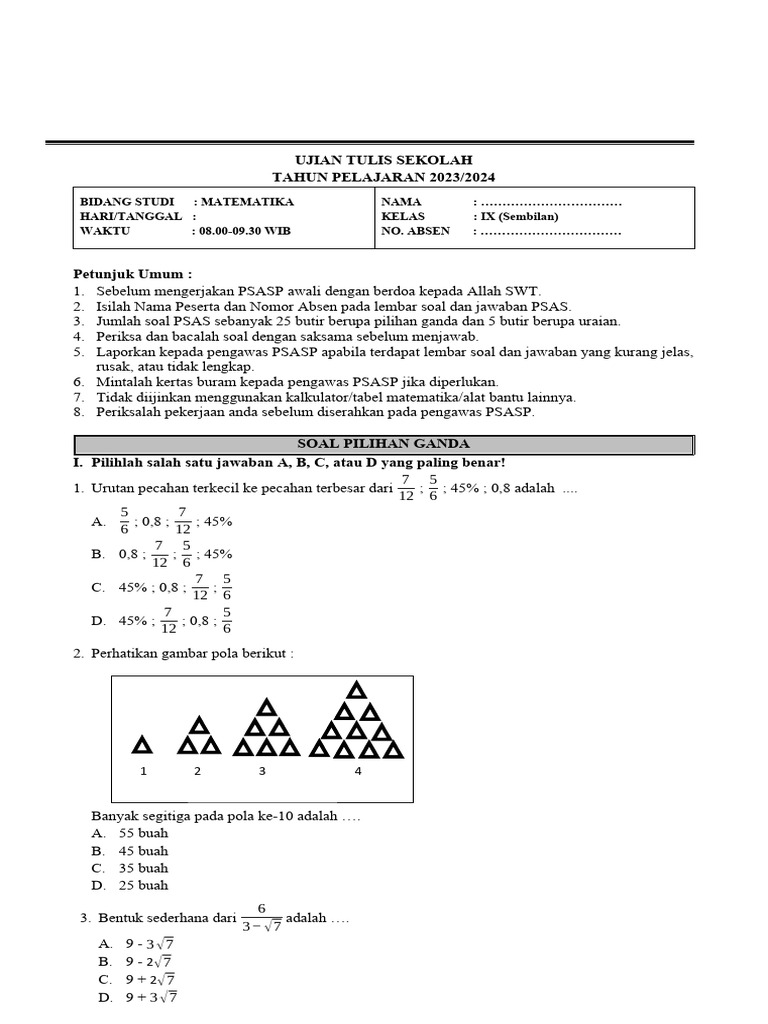 Contoh Soal Ujian Akhir Matematika Kelas 9 | PDF