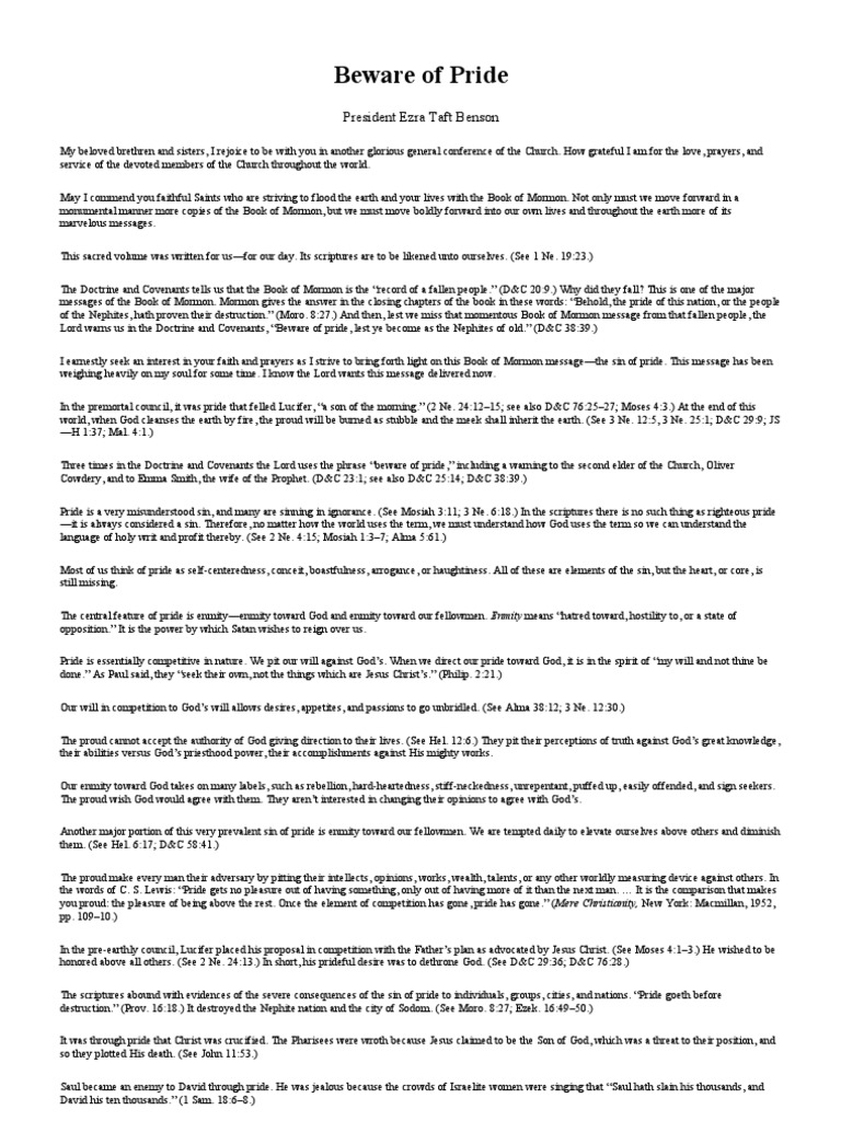 Ezra Taft Benson - Beware of Pride | PDF | John The Baptist | Christianity