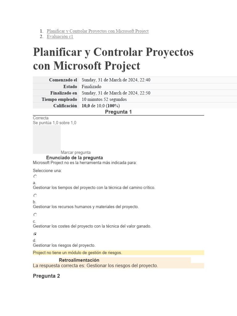 EVALUACION CLASE 1 Planificar y Controlar Proyectos Con Microsoft ...