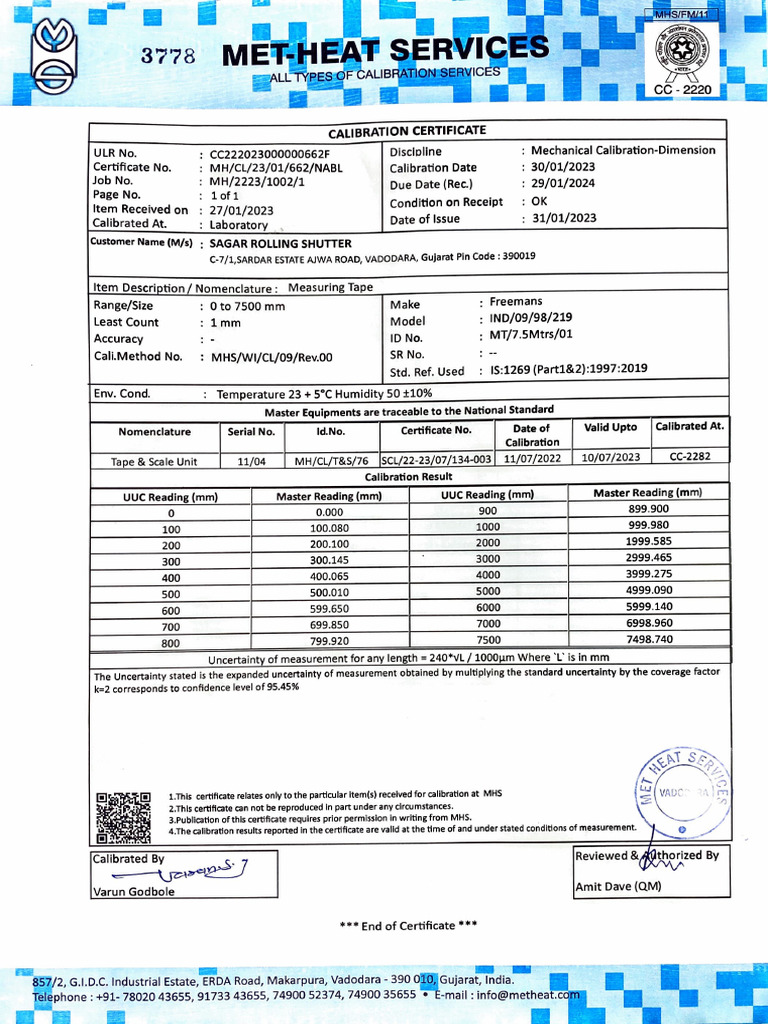 Calibration Certificates for Measuring Tools | PDF | Calibration | Science