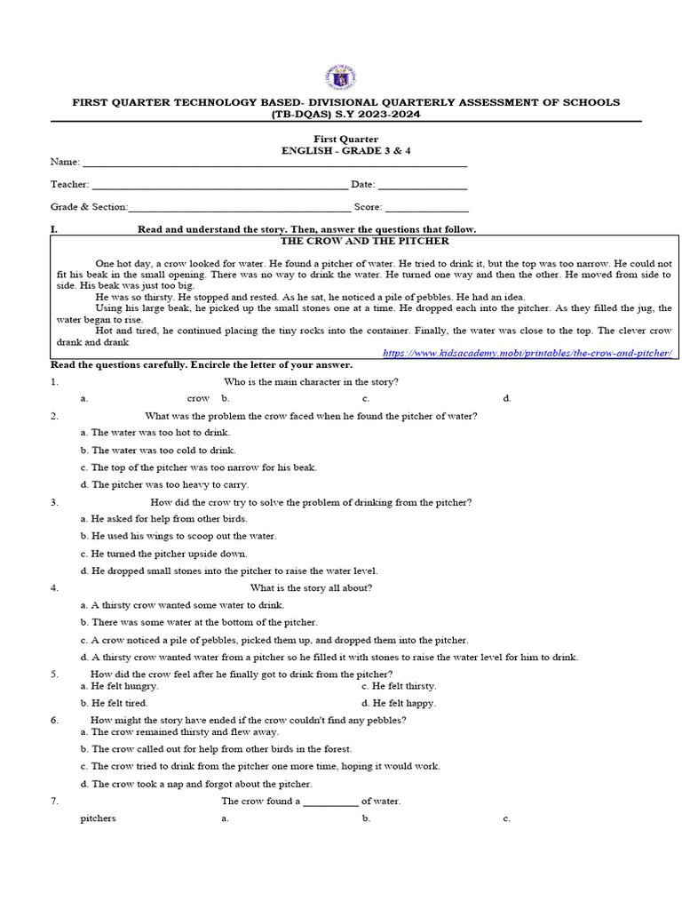 Grade 3 & 4 English Assessment | PDF | Linguistics