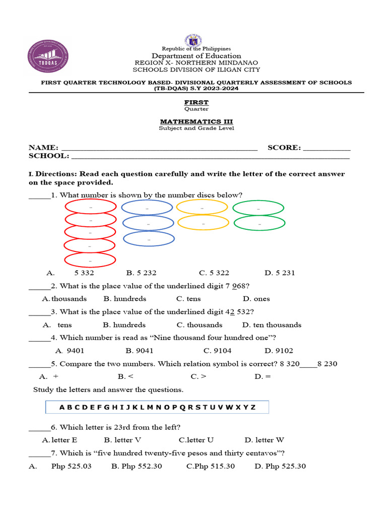Grade-3 Math Test Questions - 1stQ - TBDQAS | PDF | Mathematics