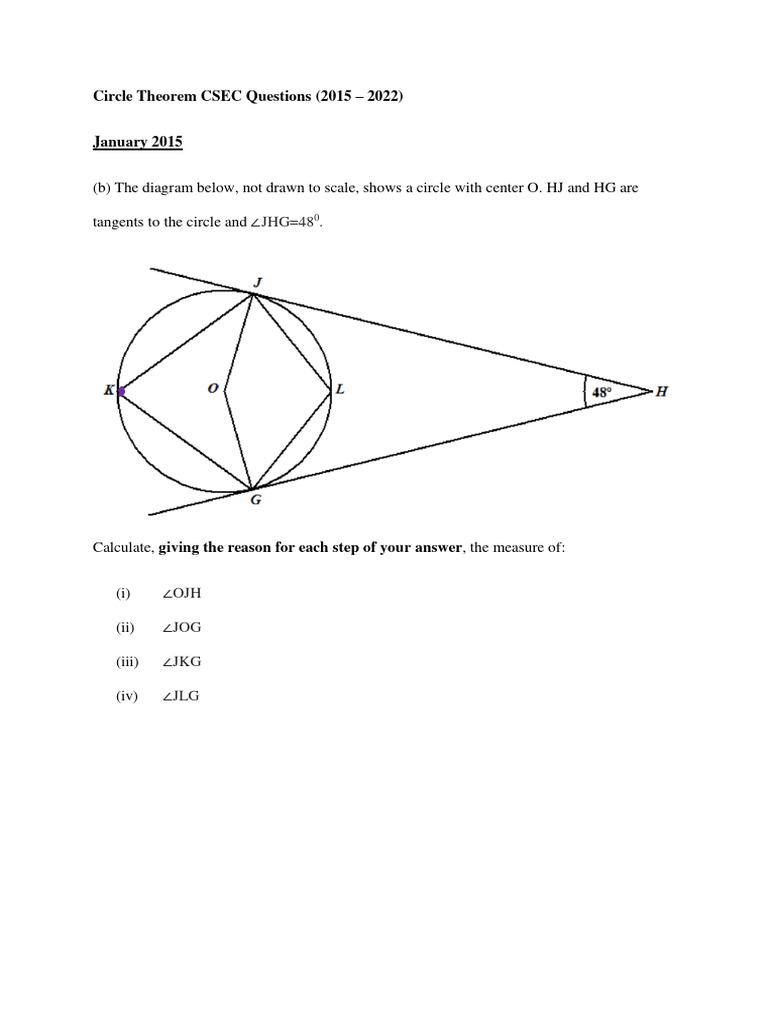 Circle Theorem CSEC Questions | PDF | Circle | Angle
