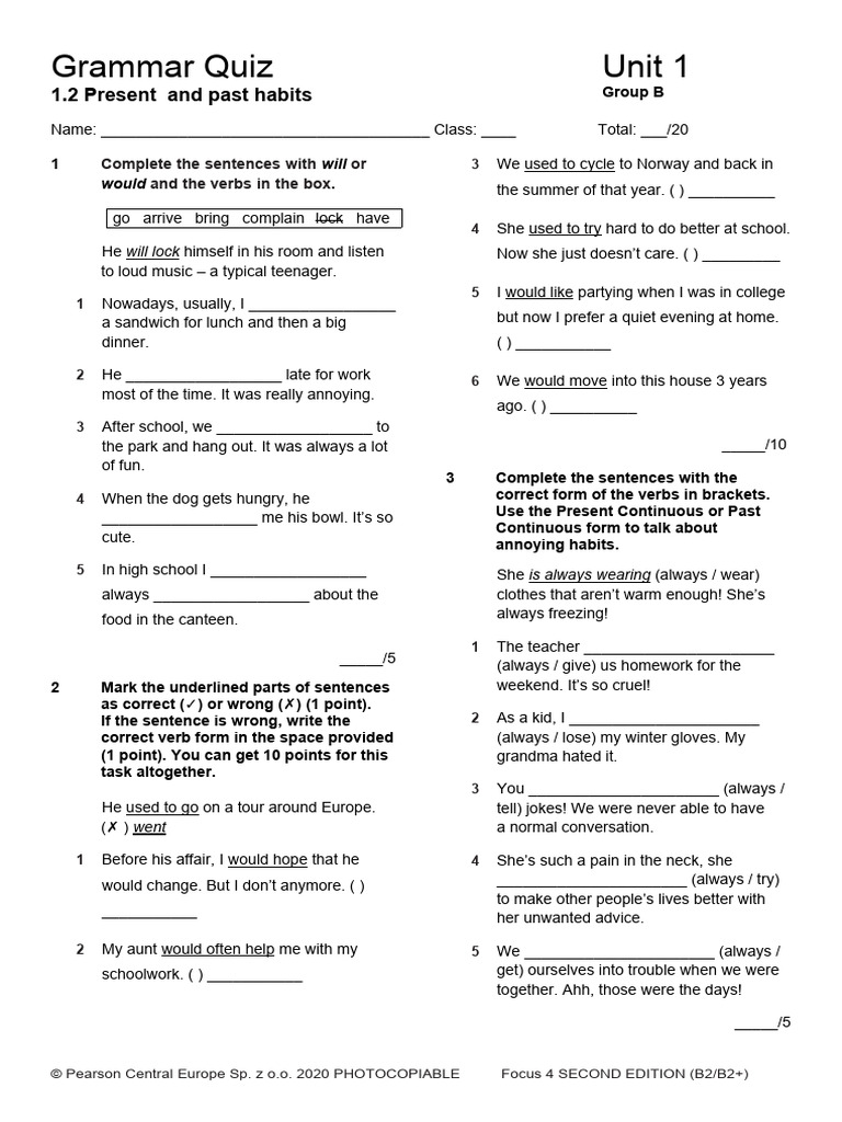 Focus4 2E Grammar Quiz Unit1.2 GroupB 2kol | PDF | Grammar | Linguistics