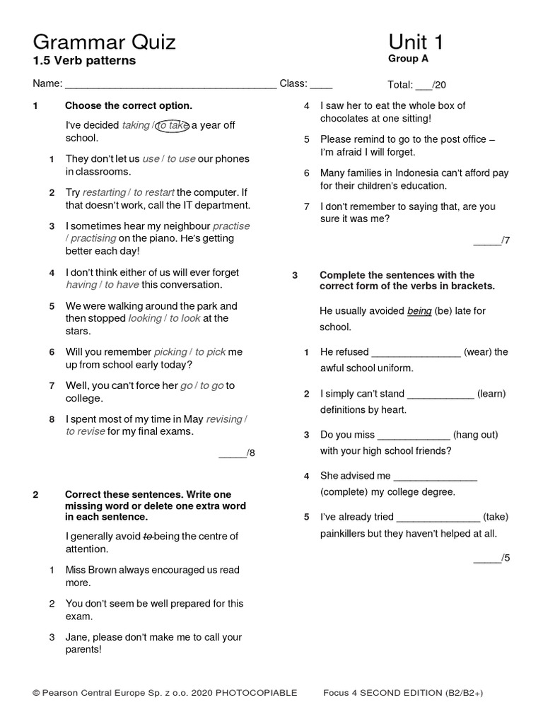 Focus4 2E Grammar Quiz Unit1.5 GroupA 2kol | PDF | Linguistic ...