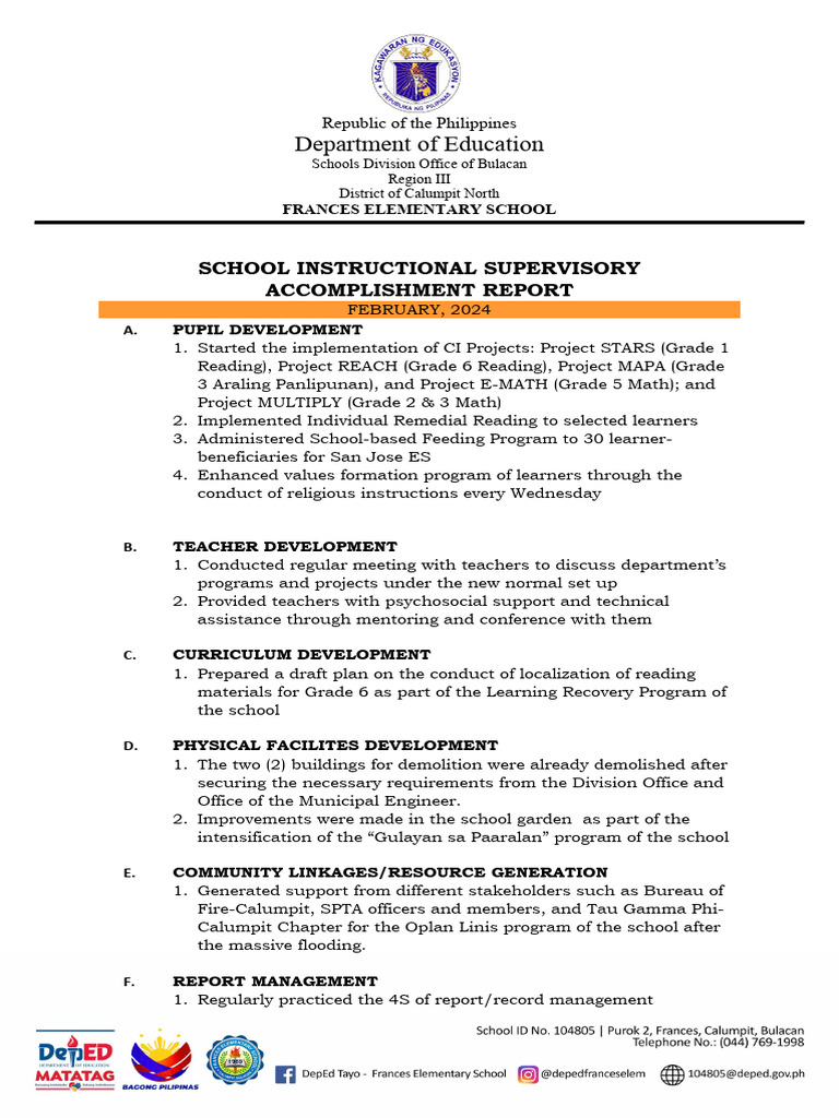 Frances Elementary School Accomplishment Report | PDF | Teachers ...