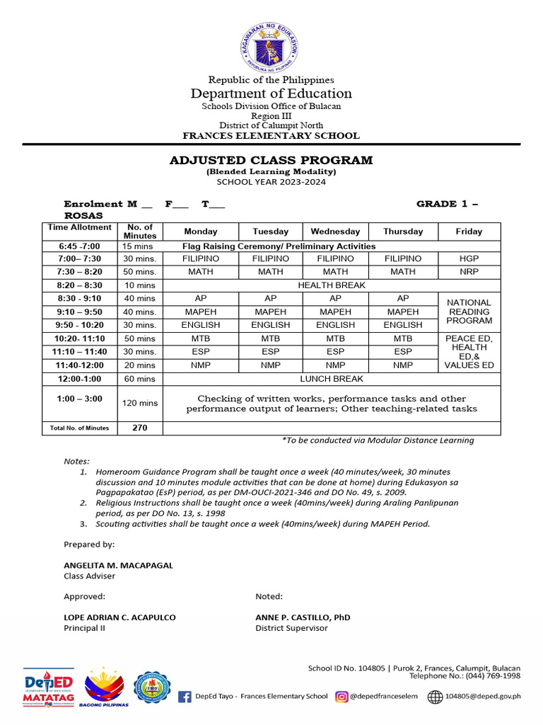 Adjusted Class Program - Sample | PDF | Philippines | Distance Education