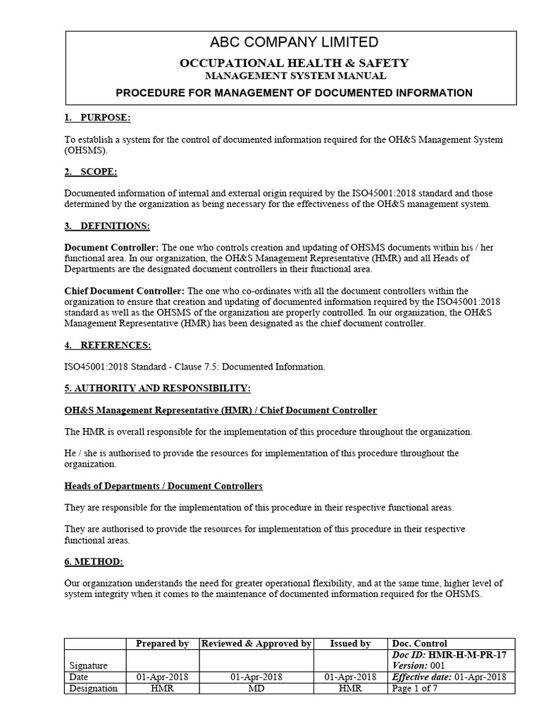 HMR-H-M-PR-17 Procedure For Management of Documented Information | PDF ...