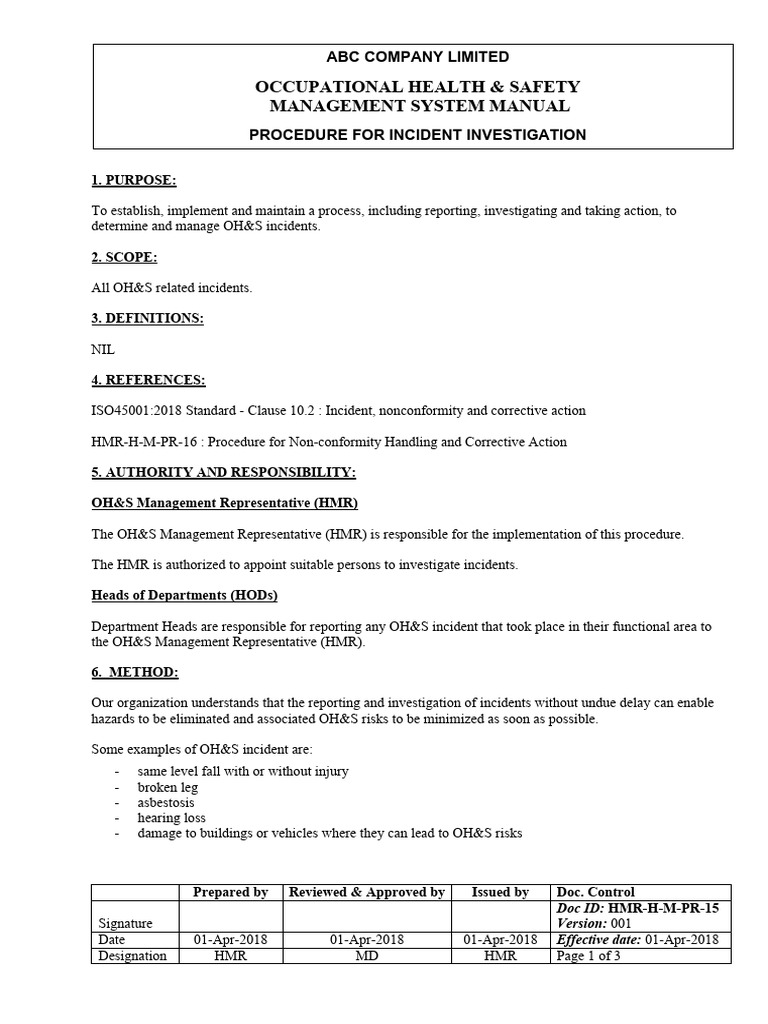 HMR-H-M-PR-15 Procedure For Incident Investigation | PDF | Risk | Safety