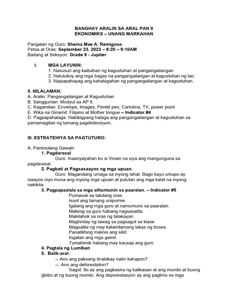 Banghay Aralin Sa Araling Panlipunan 9 | PDF