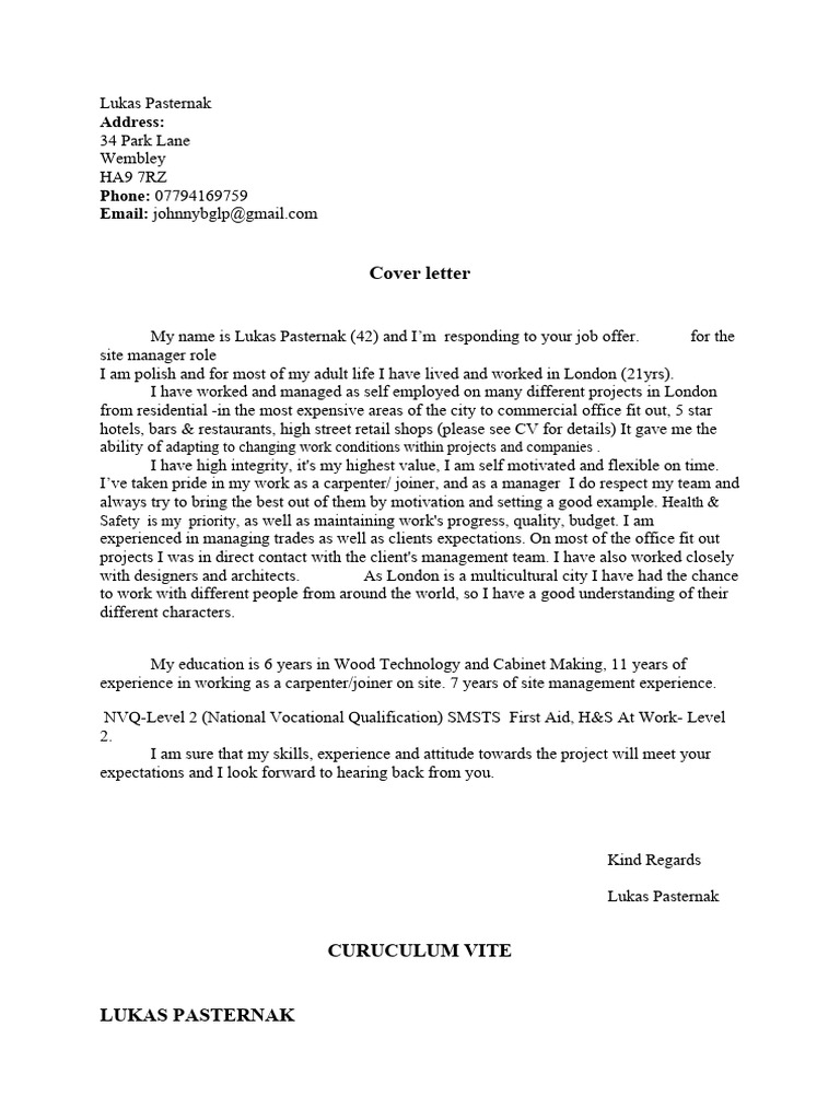 CV-cover Letter Lukas Pasternak 1 | PDF | Carpentry | Door
