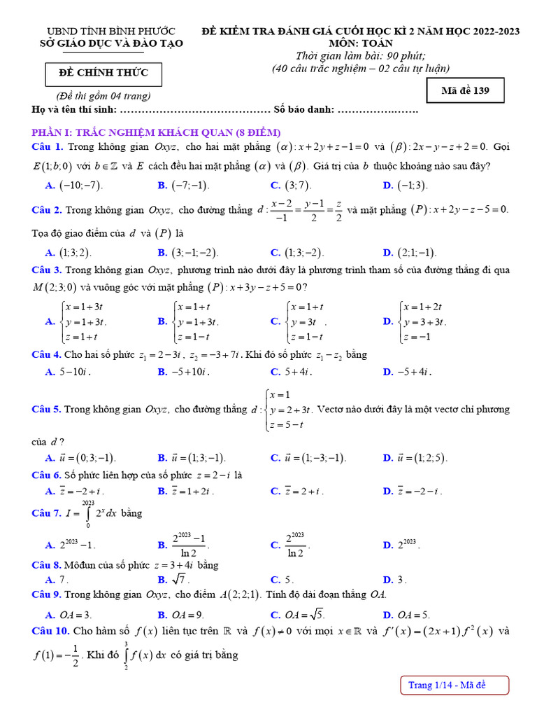 De Kiem Tra Cuoi Hoc Ki 2 Toan 12 Nam 2022 2023 So GDDT Binh Phuoc | PDF