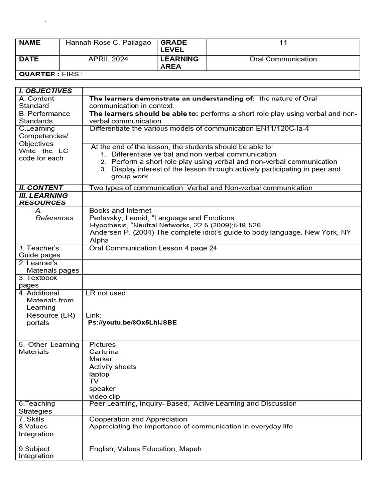 SHS Lesson Plan | PDF | Communication | Nonverbal Communication