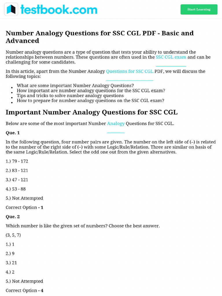 Number Analogy Questions For SSC CGL PDF - Basic and Advanced | PDF
