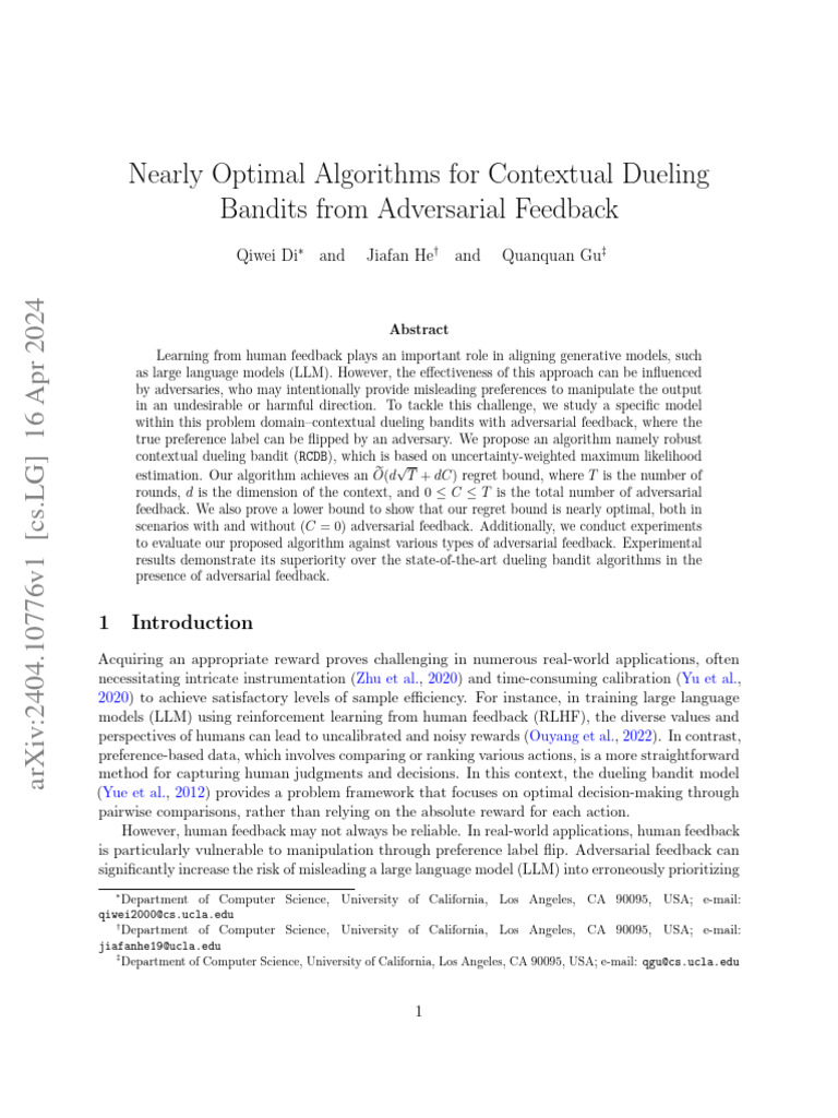 Early Optimal Algorithms For Contextual Dueling Bandits From Adversarial Feedback | PDF ...
