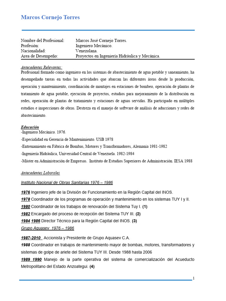 Curriculum Vitae M Cornejo Abril 2018 | PDF | Suministro de agua | Ingeniería hidráulica