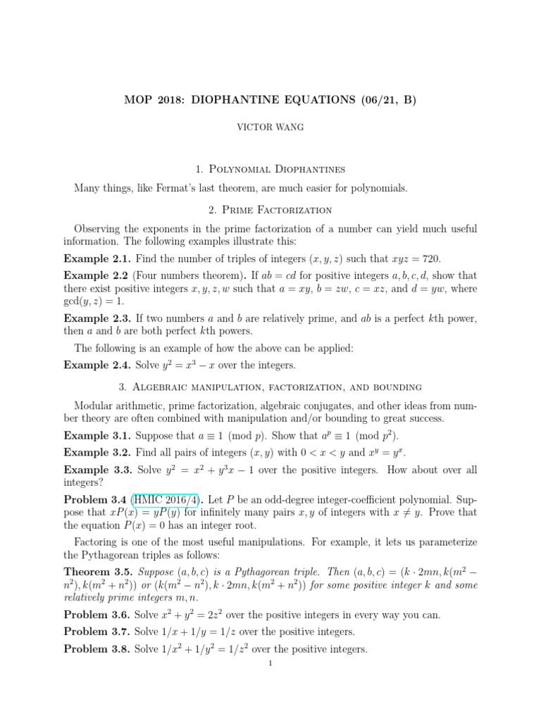 Diophantine Equations Pdf Factorization Equations