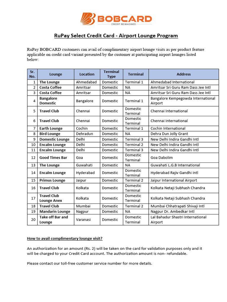 Rupay Select Credit Card Airport Lounge Program 2024 | PDF | Airport ...