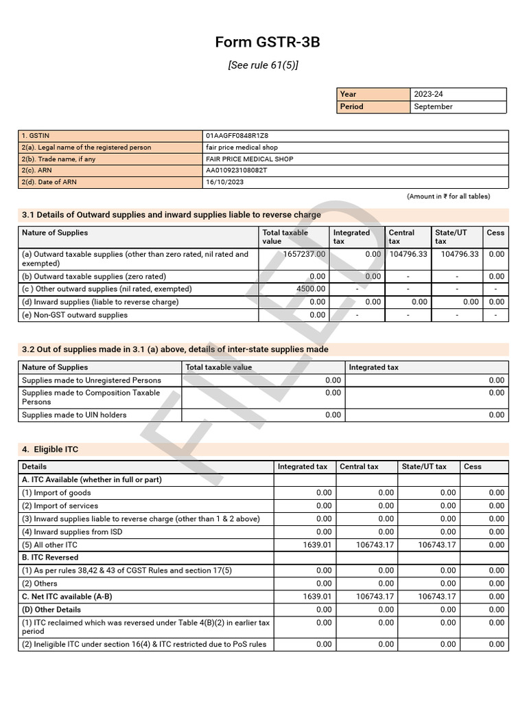 GSTR3B 01aagff0848r1z8 092023 | PDF | Taxes | Economies