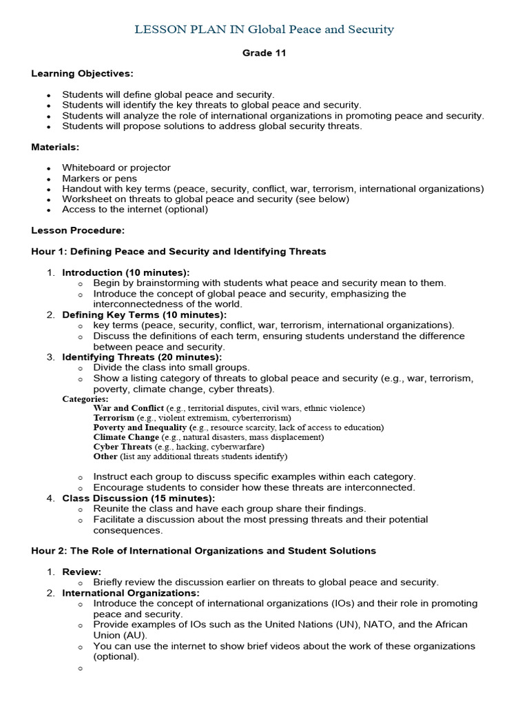 LESSON PLAN in Global Peace and Security | PDF | Peace | Cyberwarfare
