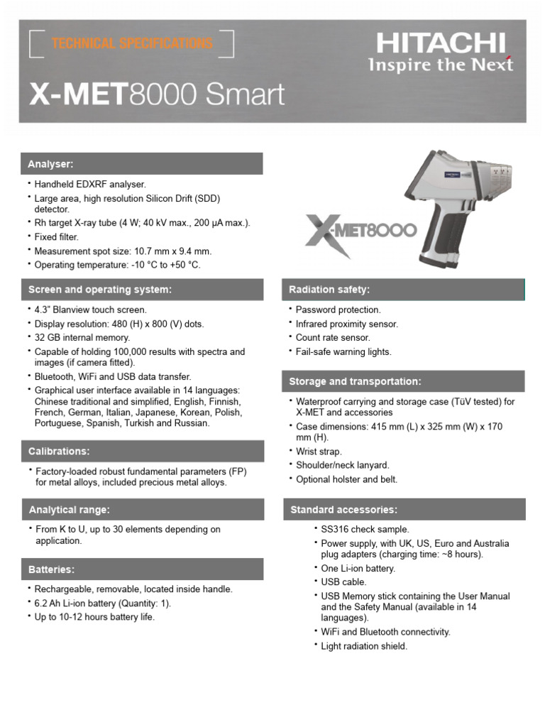 X-MET8000 Smart Technical Specifications (Jun 2022) | PDF | Bluetooth | Energy Dispersive X Ray ...