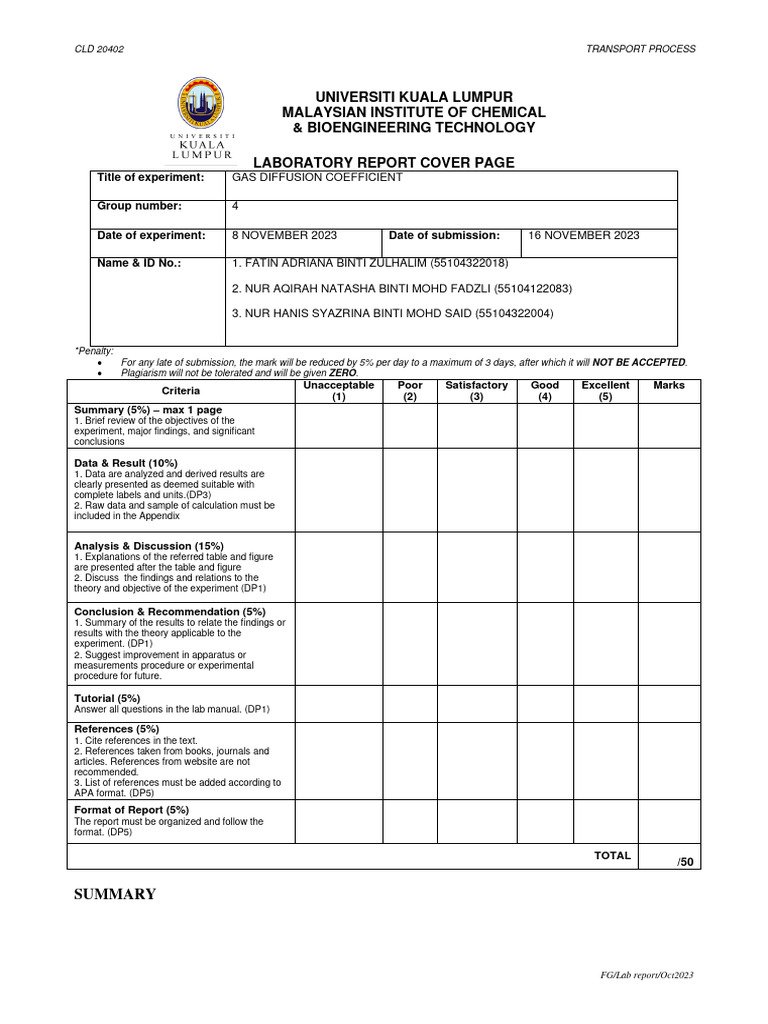 Lab - Report - Transport - Process - Exp - 5 - Group 4 | PDF | Diffusion | Liquids