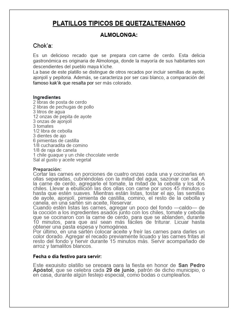 Platillos Tipicos de Quetzaltenango | PDF | Sopa de pollo | Caldo