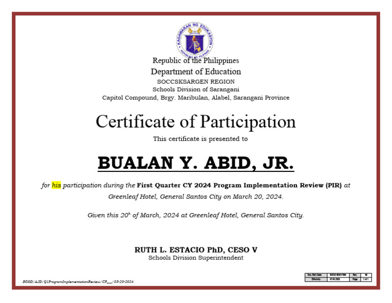 Certificate of Participation Q1 PIR 2024 | PDF