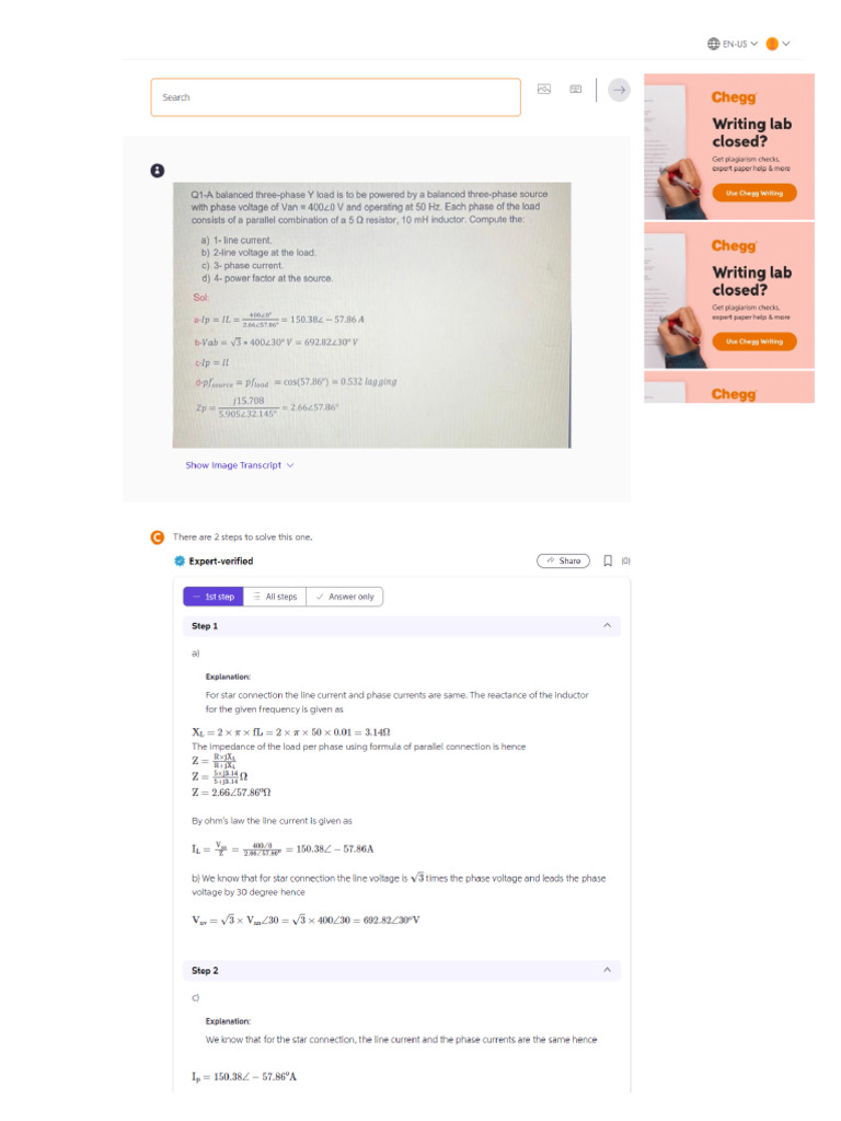 Screencapture Chegg Homework Help Questions and Answers q1 Balanced Three Phase y Load Powered ...